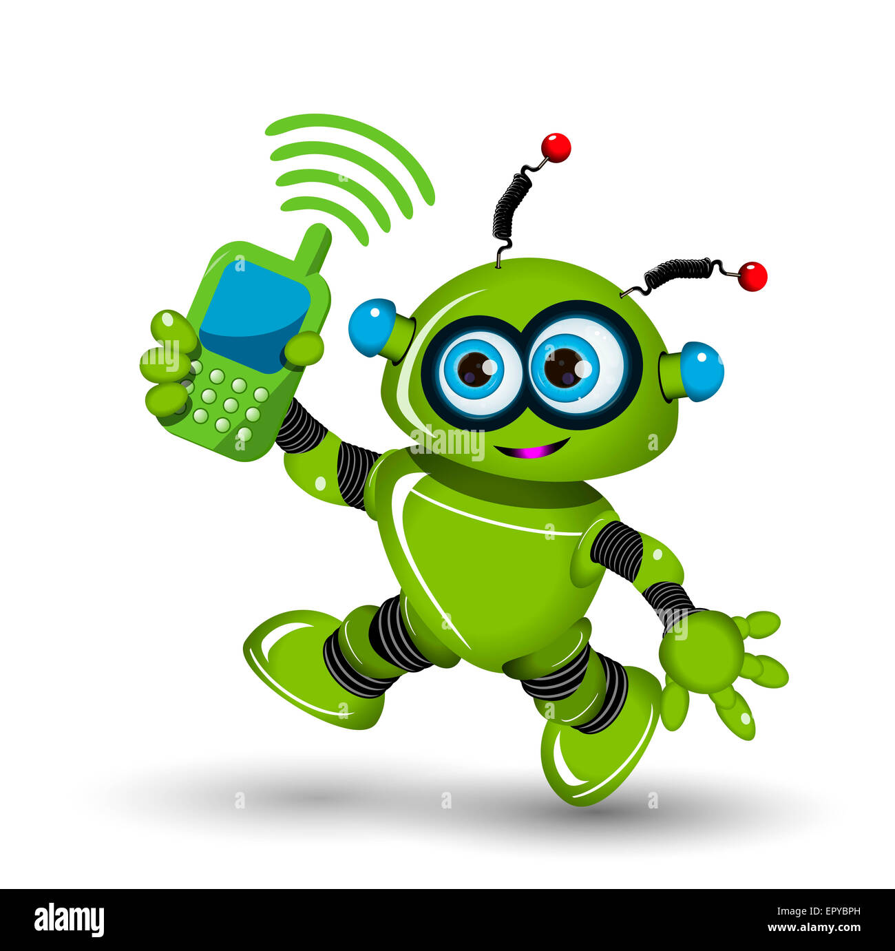 Illustration cheerful green robot and a phone Stock Photo - Alamy