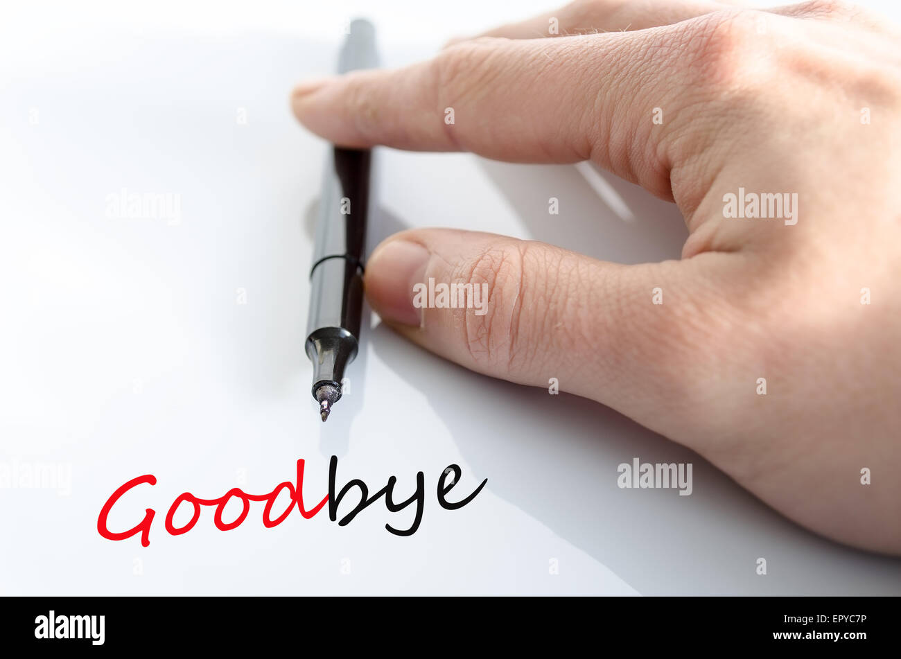 Pen in the hand isolated over white background Goodbye concept Stock ...