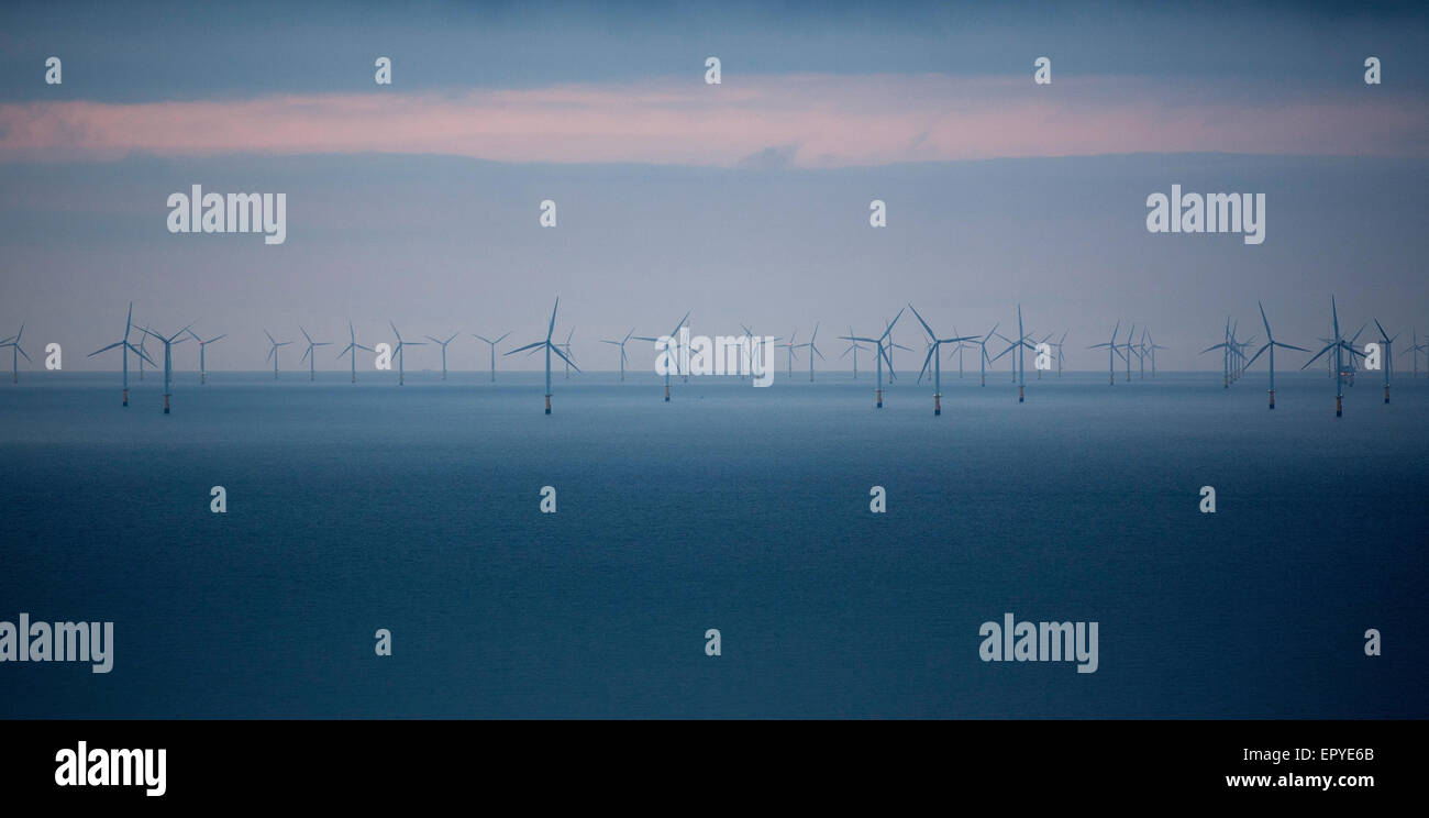 The wind turbines of the Rhyl Flats Offshore Wind Farm and Gwynt Y Mor ...