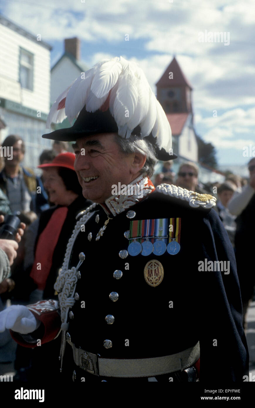 Governor Sir Rex Hunt at his farewell ceremony,The Falkland Islands ...