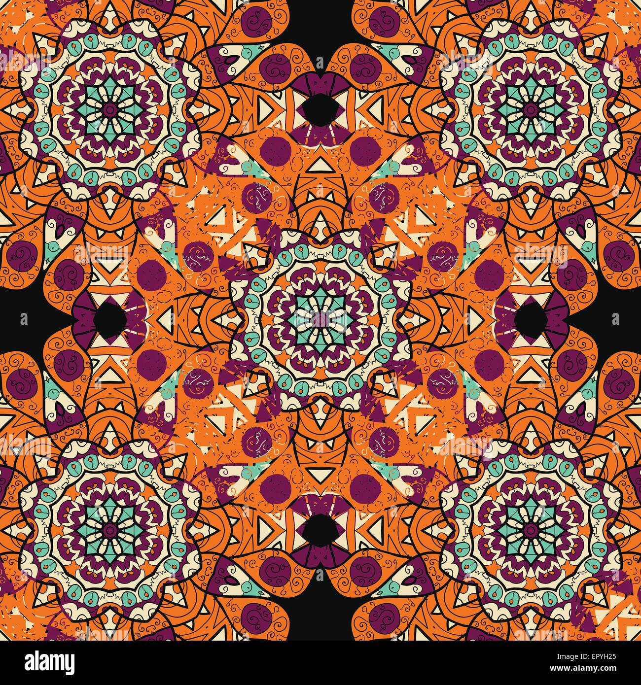 Seamless mandalatiled pattern in orange color over black background ...