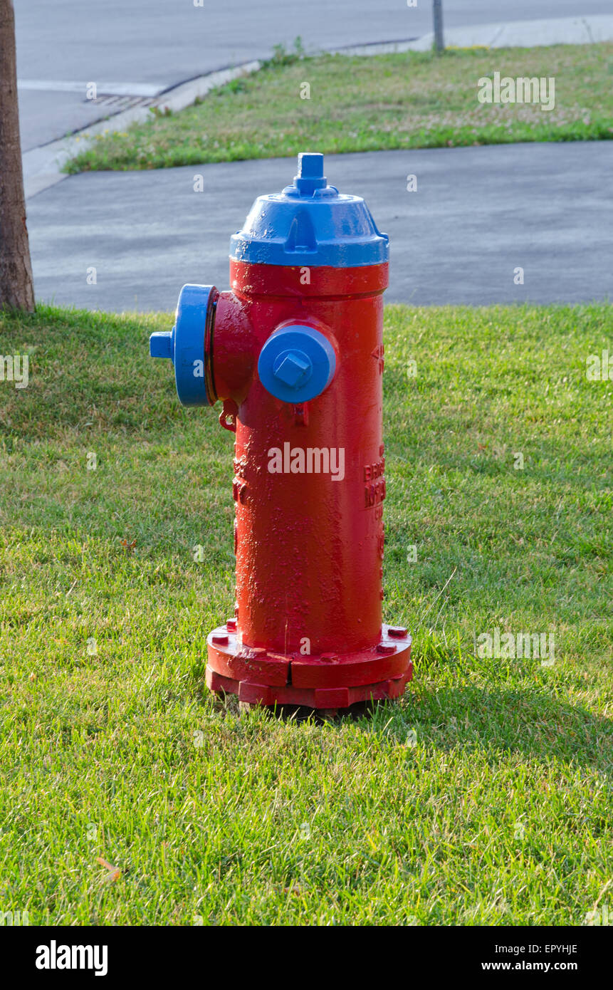 A red fire hydrant on a green lawn background Stock Photo - Alamy