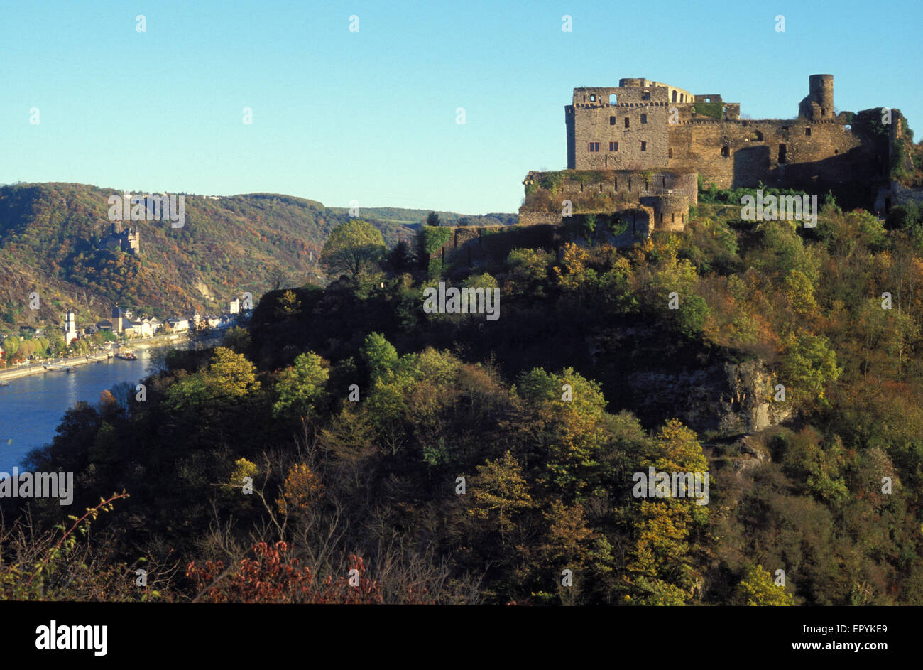 DEU, Germany, ruin of castle Rheinfels at St. Goar at the river Rhine ...