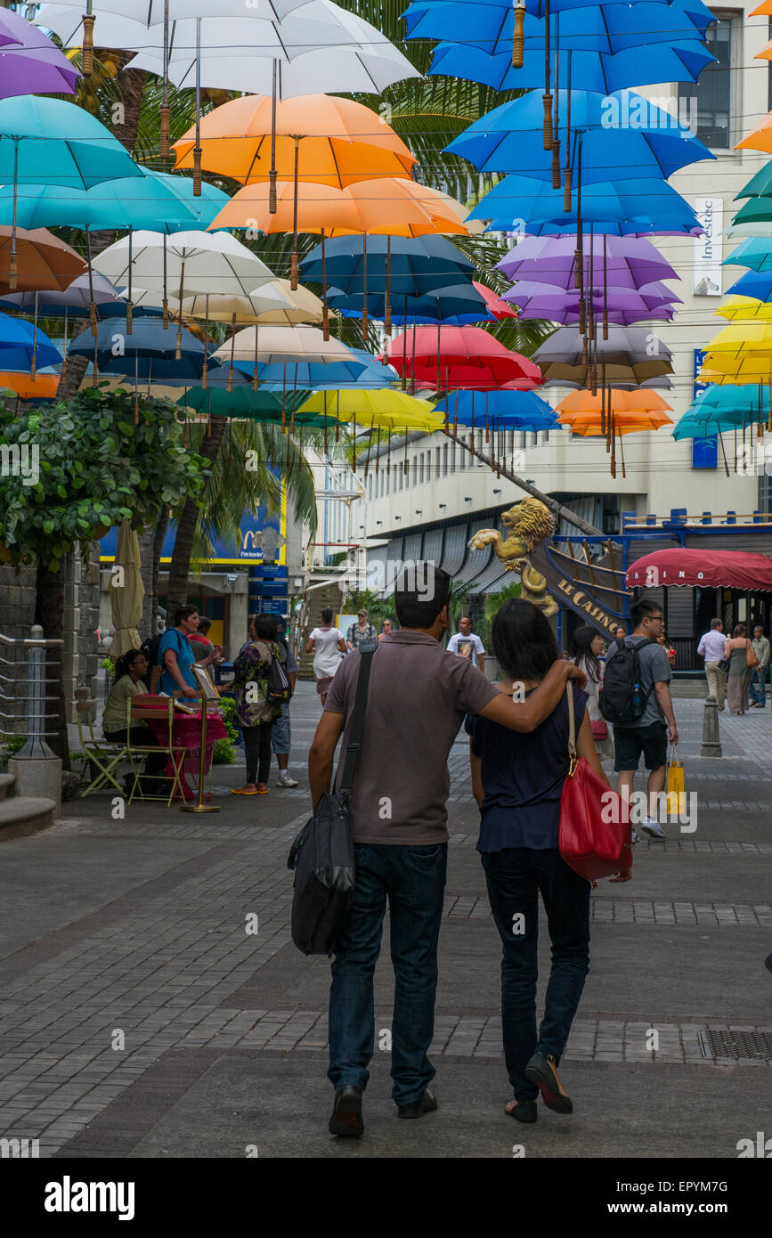 Mauritius, Port Louis, Caudan waterfront area with colorful umbrella ...