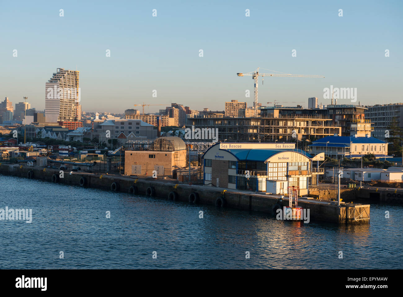 South Africa, Durban. Oceanside view of Durban skyline and port area ...