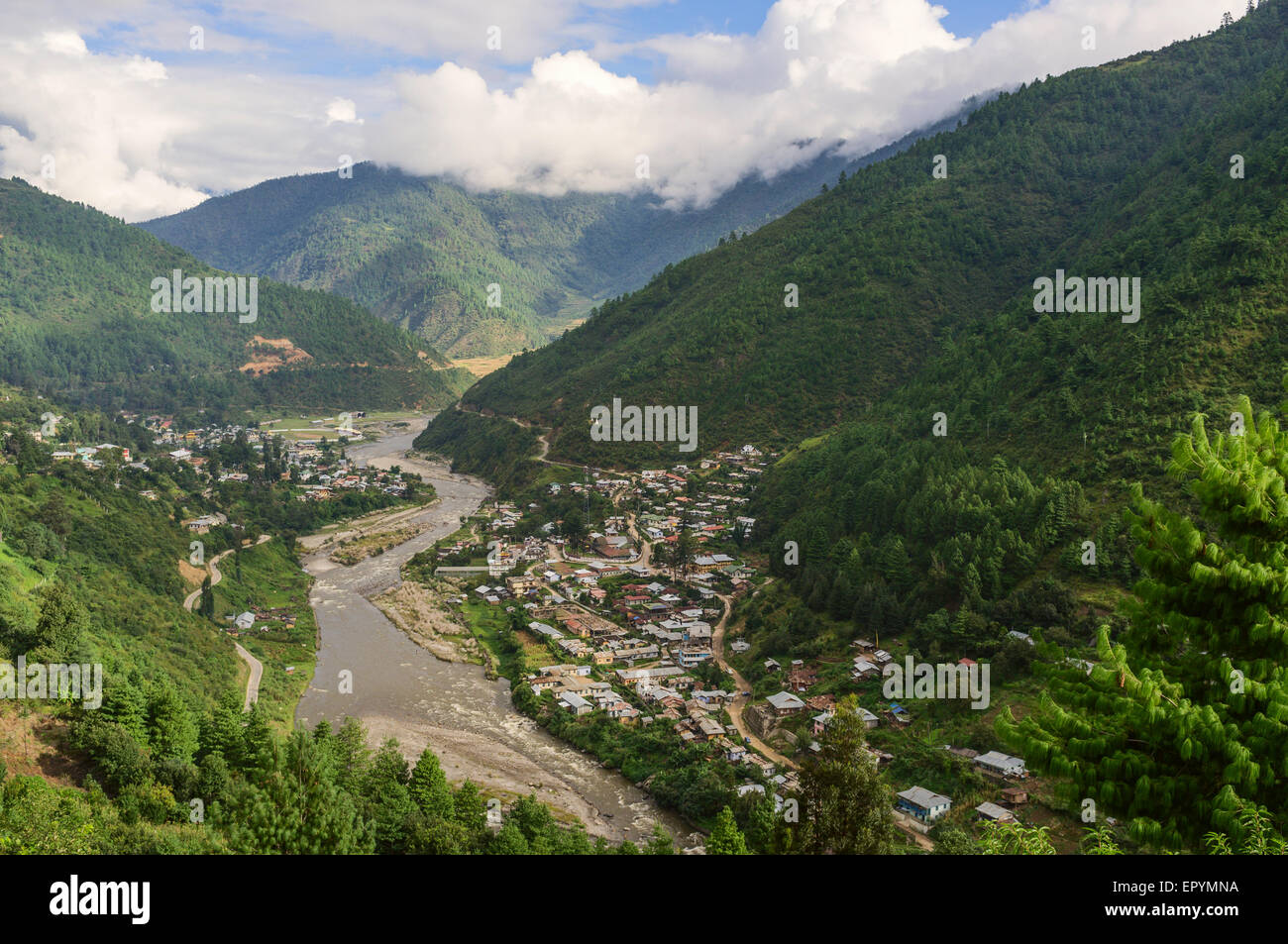 Dirang town with the Kameng river flowing through the valley at the ...