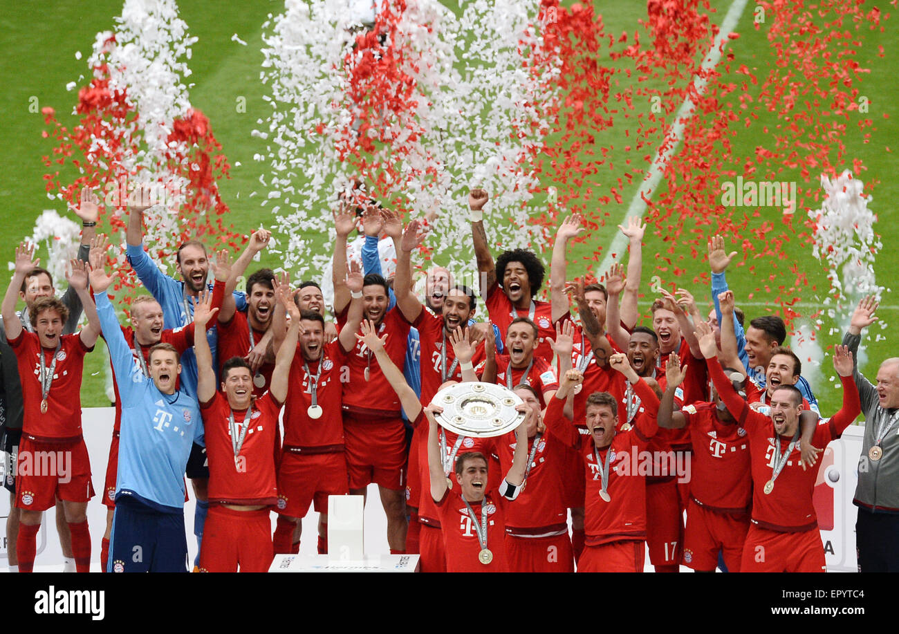 Munich, Germany. 23rd May, 2015. Munich's Philipp Lahm lifts the German ...