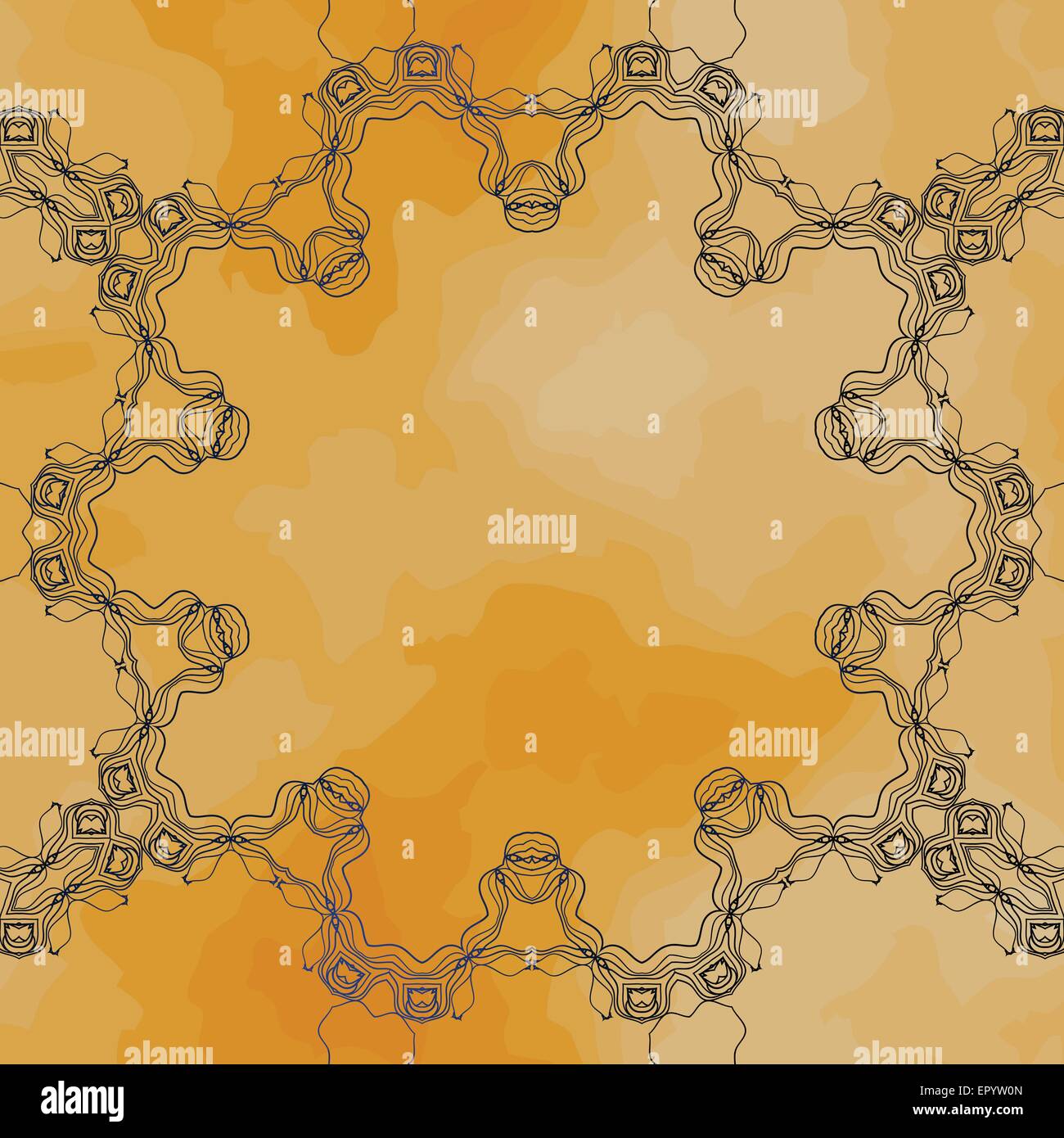 Round mandala frame over old paper. Henna coloured motif in outlines ...