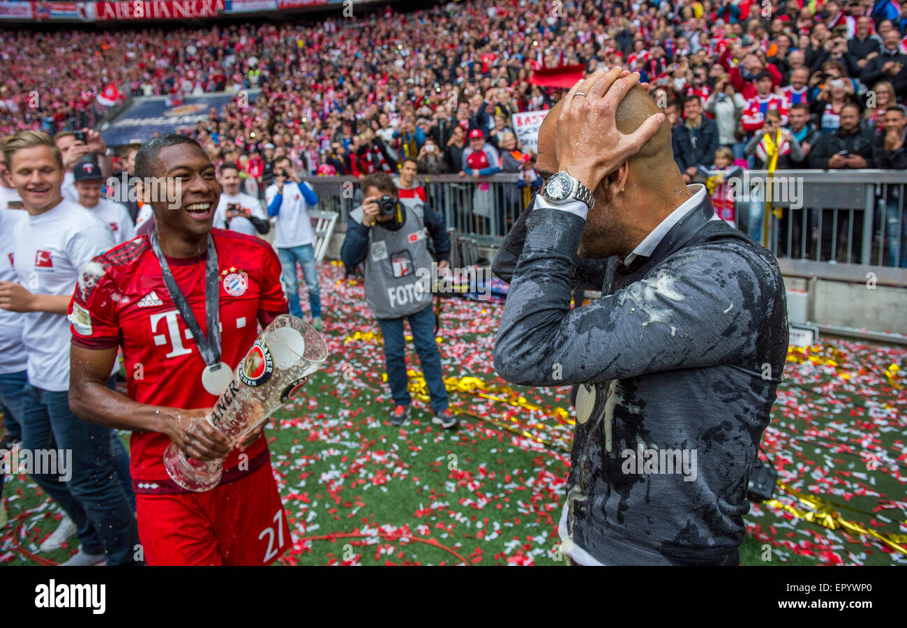 Munich, Germany. 23rd May, 2015. Munich's David Alaba pours beer over ...