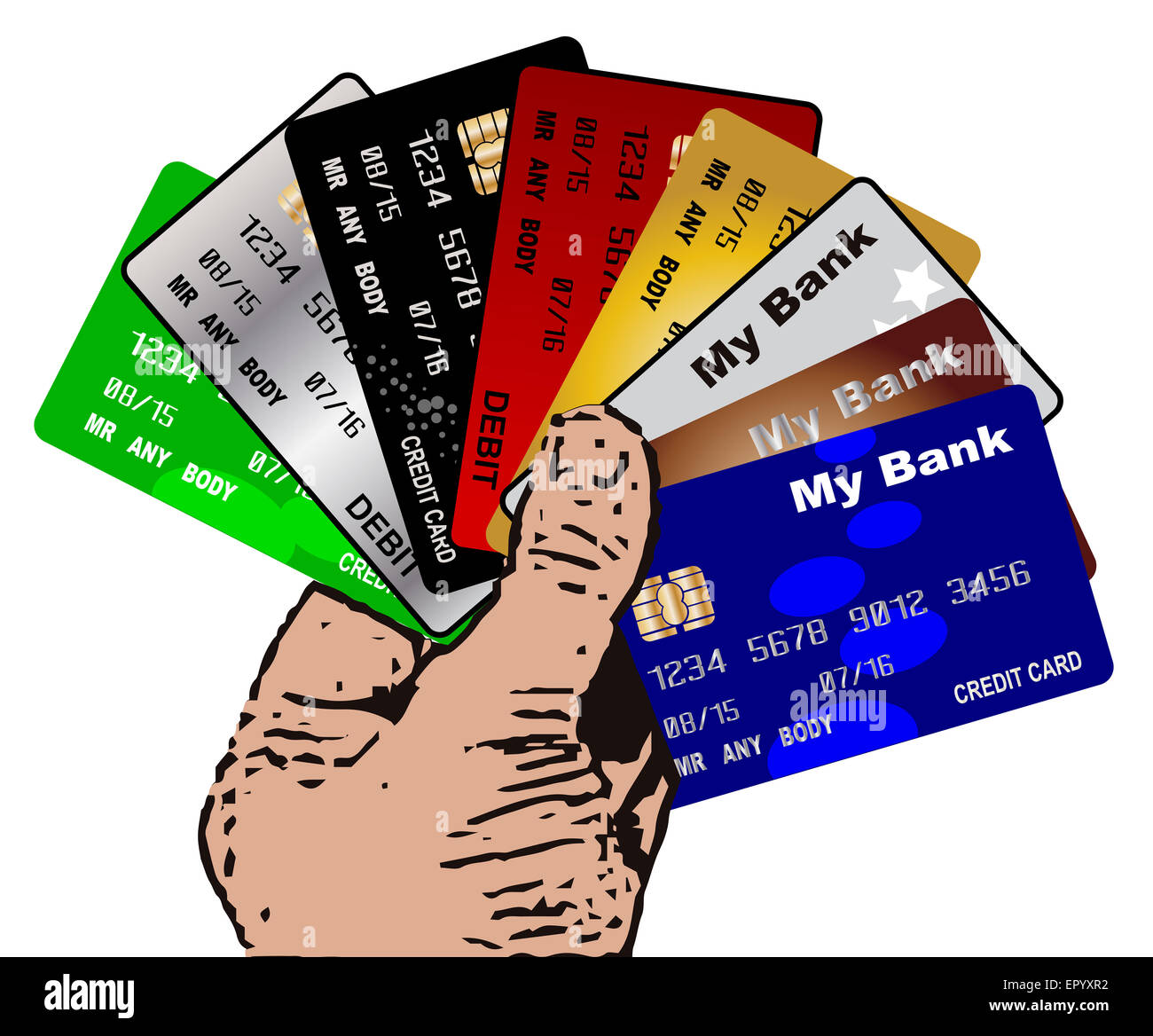 A hand holding a collection of credit and debit cards over a white ...