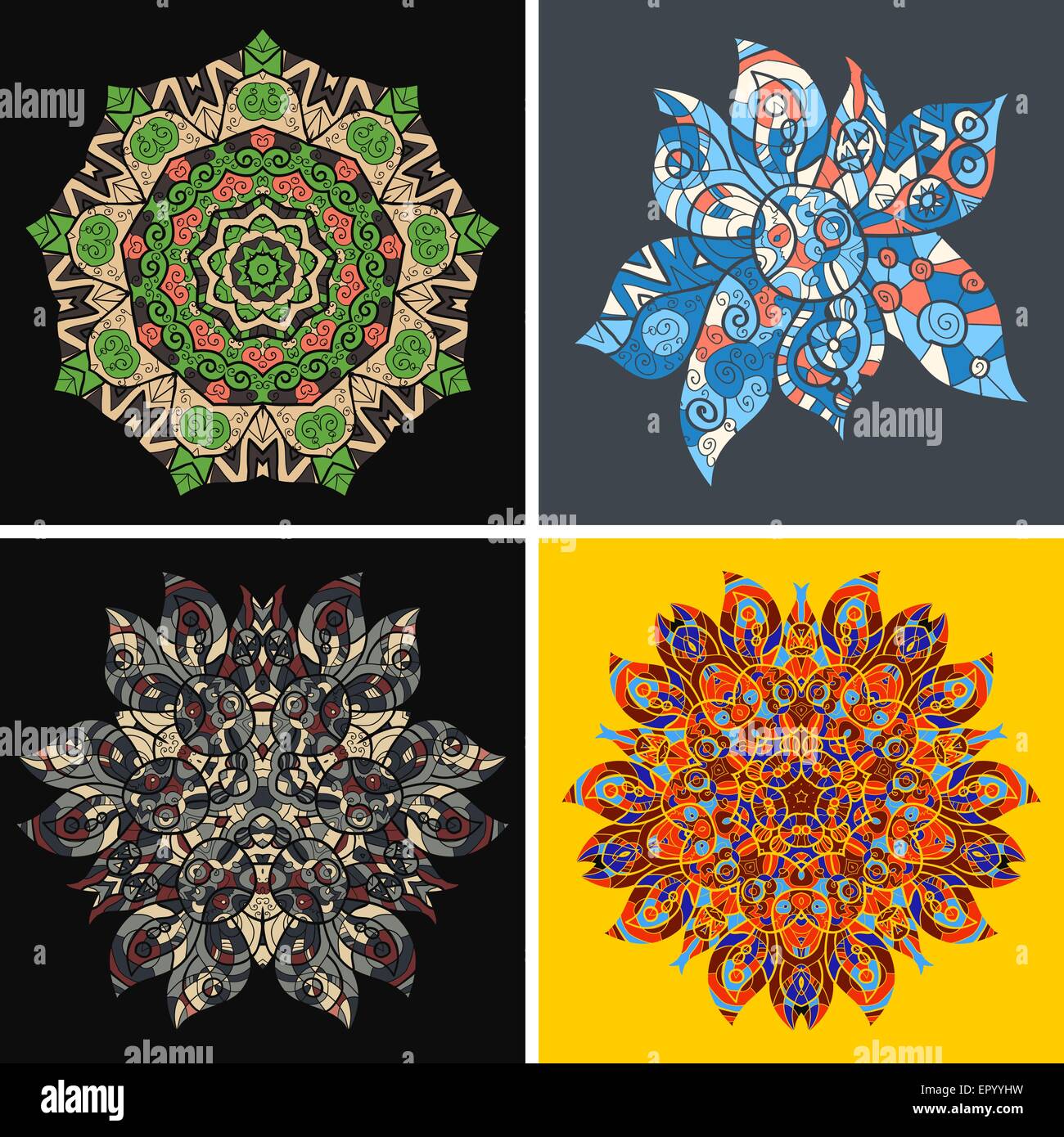 Collection of symmetric ethnic ornaments. Ornamental round floral ...