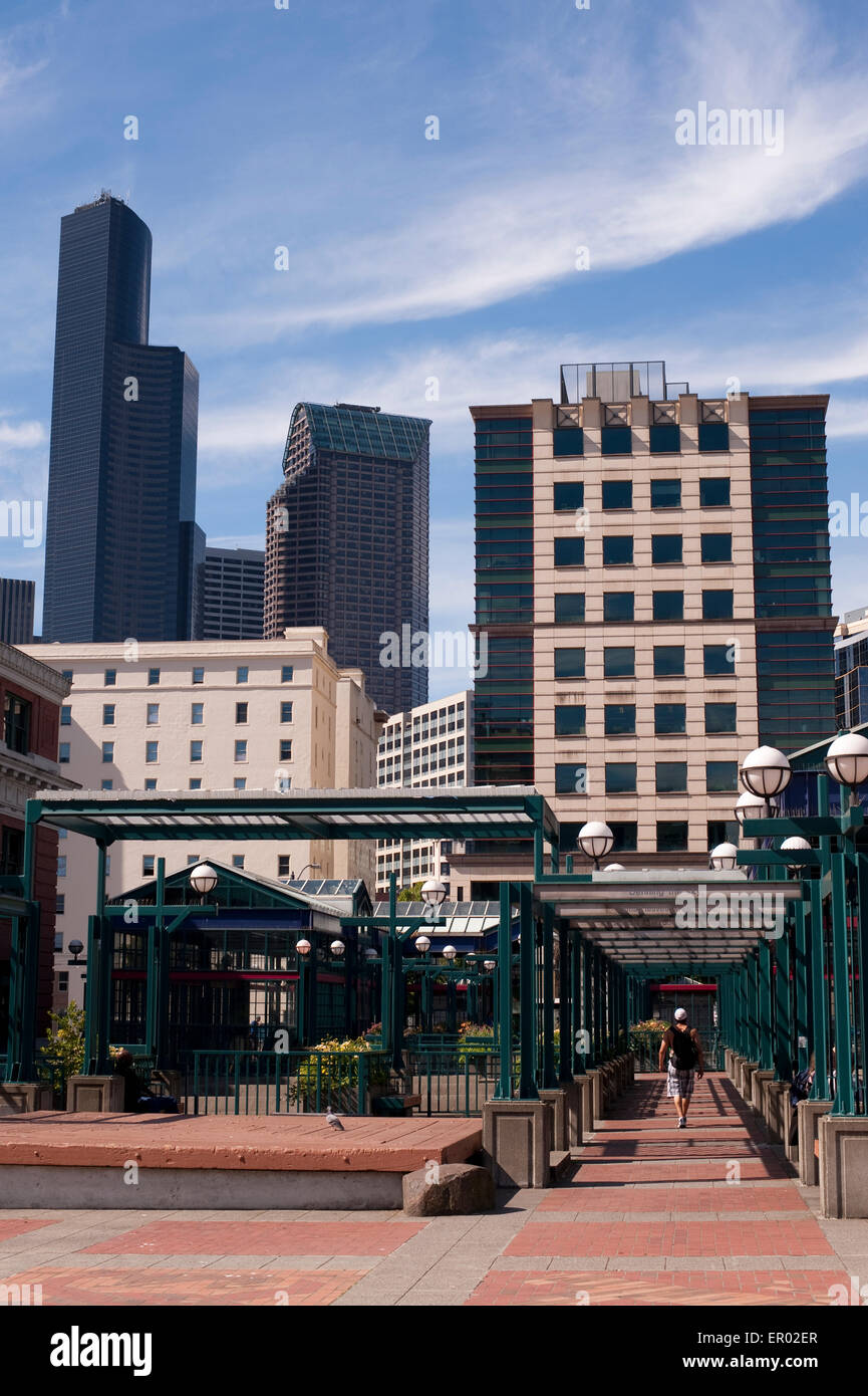 Retro image of Downtown Seattle King Street Train Station and park with ...