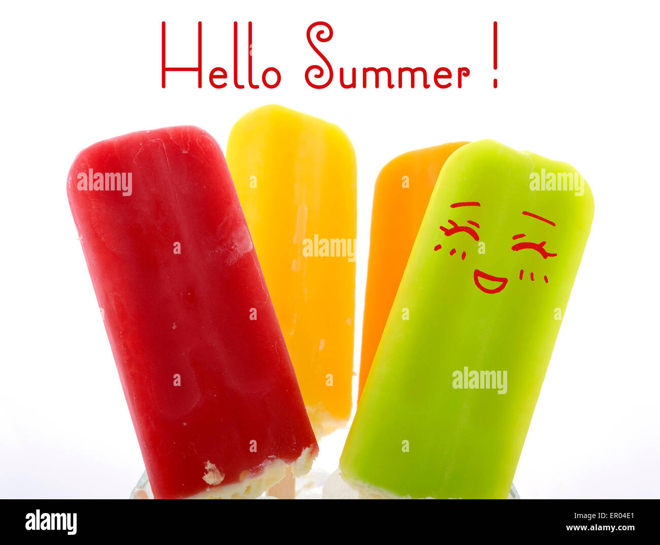 Summer is Here concept with bright color ice pop, ice creams with cute ...