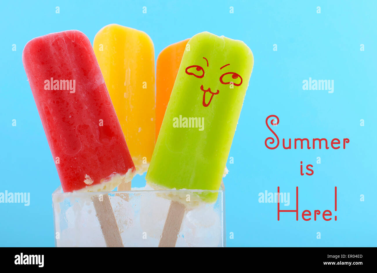 Summer is Here concept with bright color ice pop, ice creams with cute ...