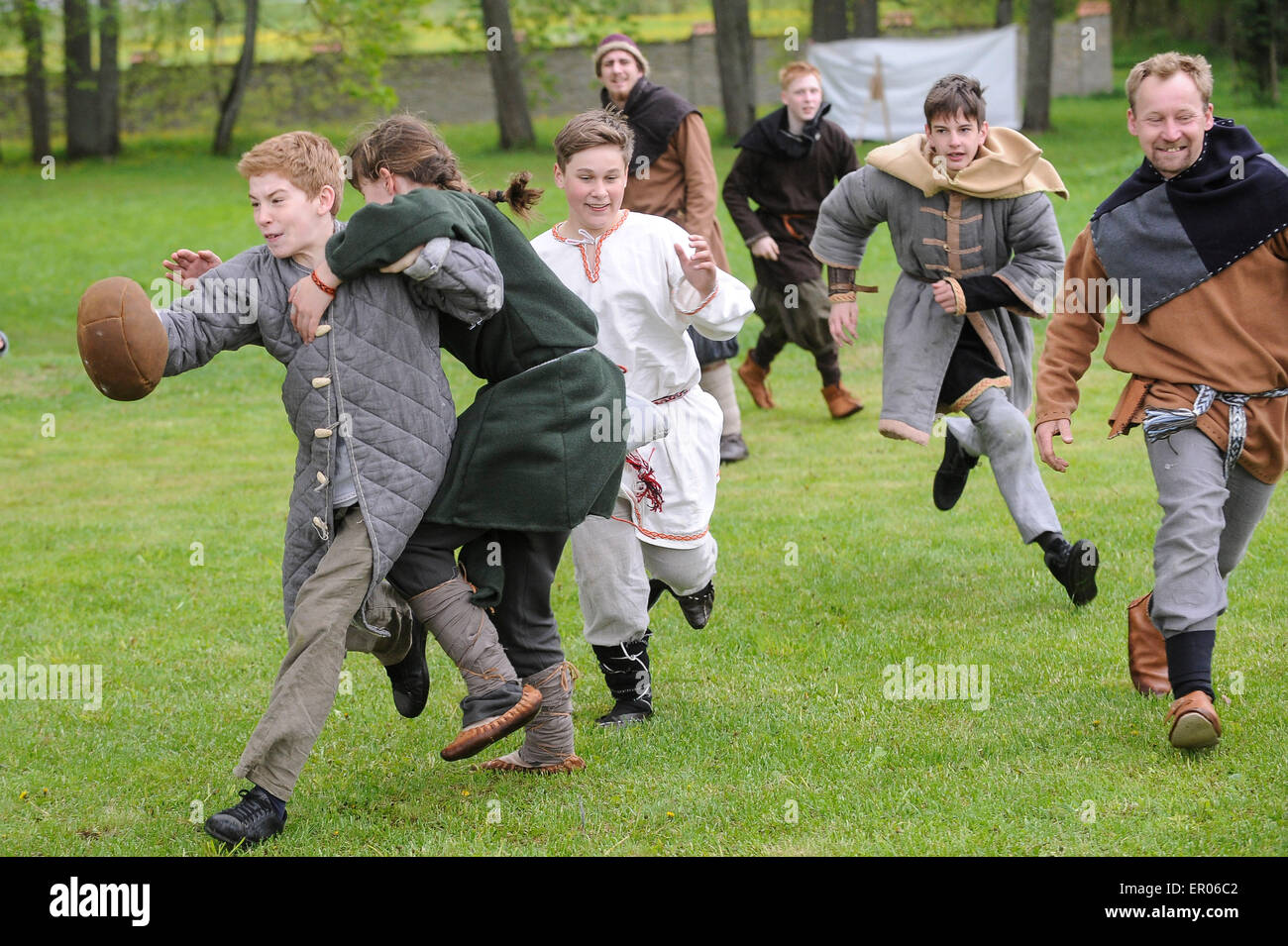 Kukruse, Estonia. 23rd May, 2015. Kids play a Viking's version of rugby ...