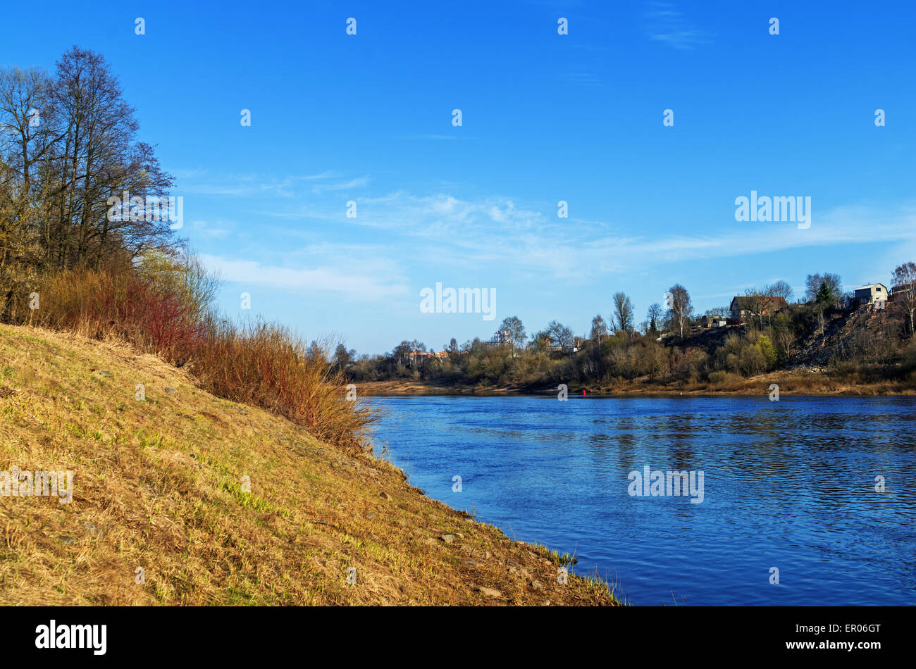 Spring river landscape with dry grass Stock Photo - Alamy