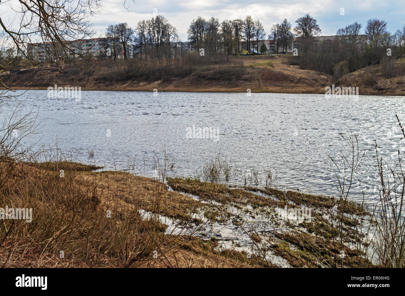 Spring river landscape with dry grass Stock Photo - Alamy