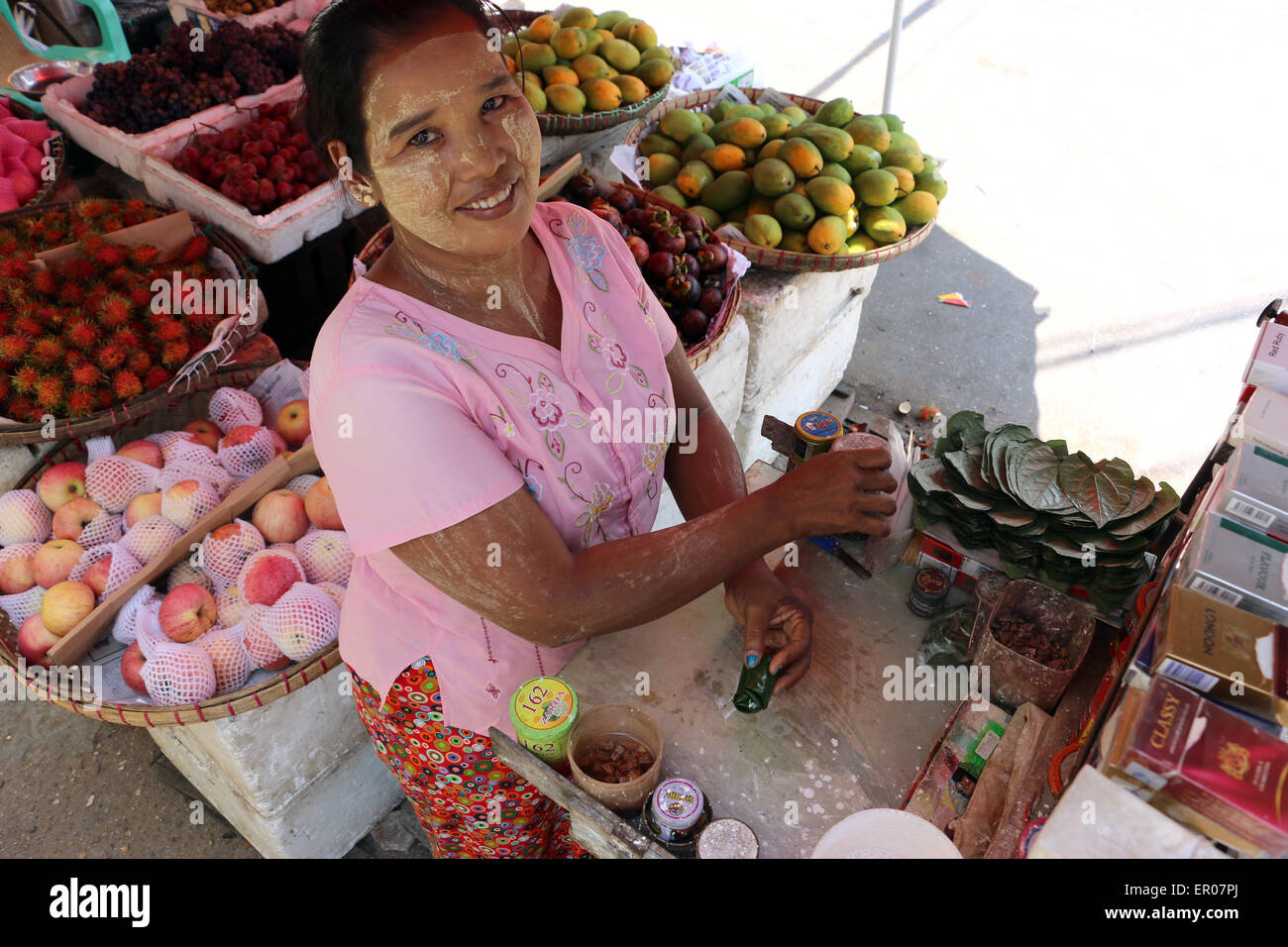 Rangoon, Myanmar. 04th May, 2015. Ma Ay prepares portions with betel ...