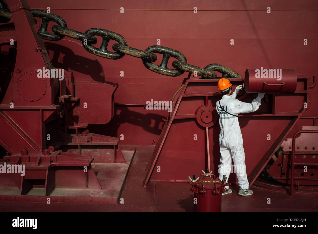 Beijing, Egypt. 18th May, 2015. A Chinese crew member checks the anchor ...