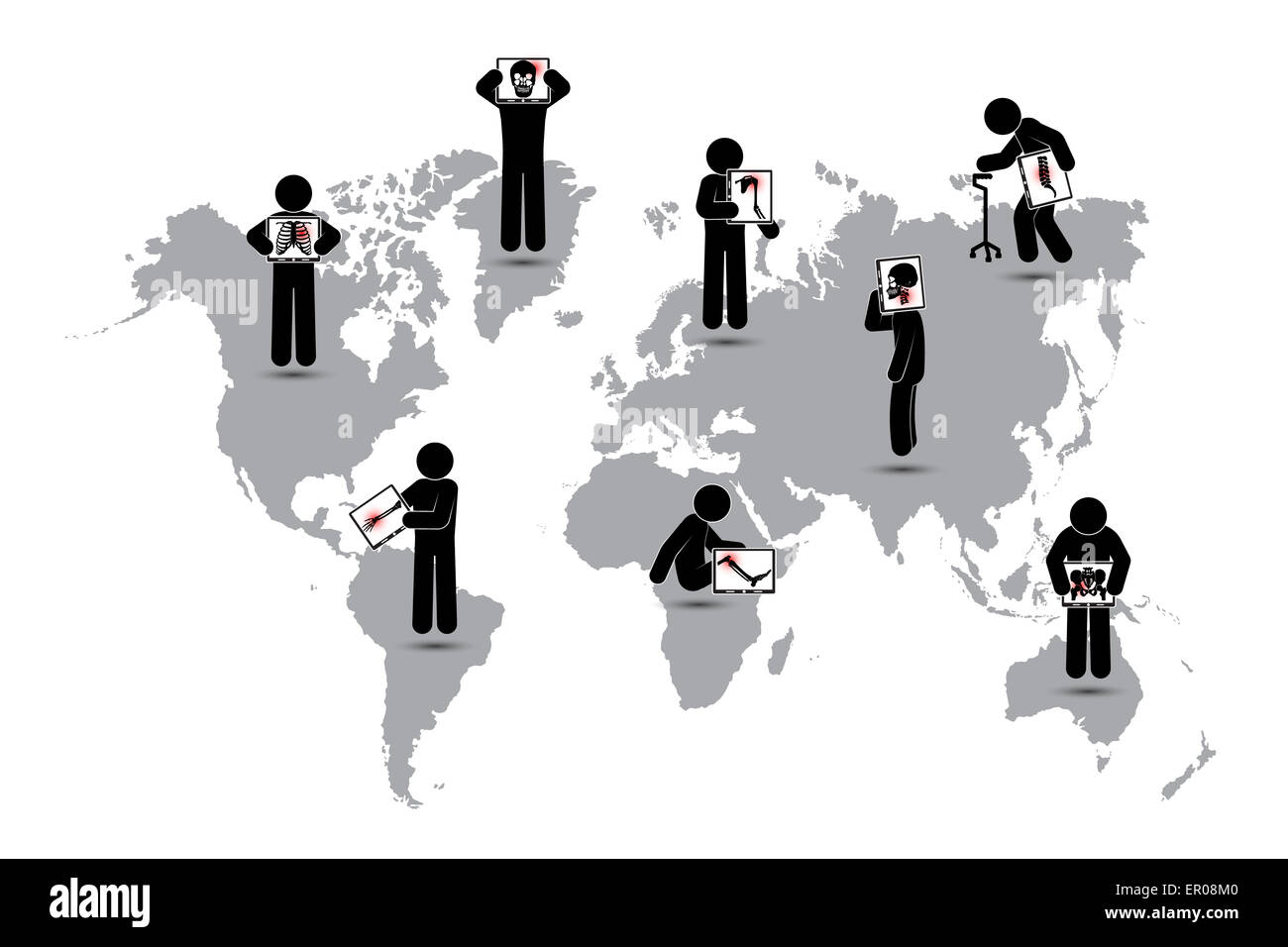 Stick man hold monitor screen :show skeleton,world map ( Worldwide ...