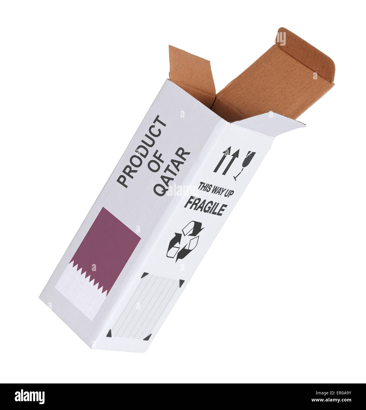 Concept of export, opened paper box - Product of Qatar Stock Photo - Alamy