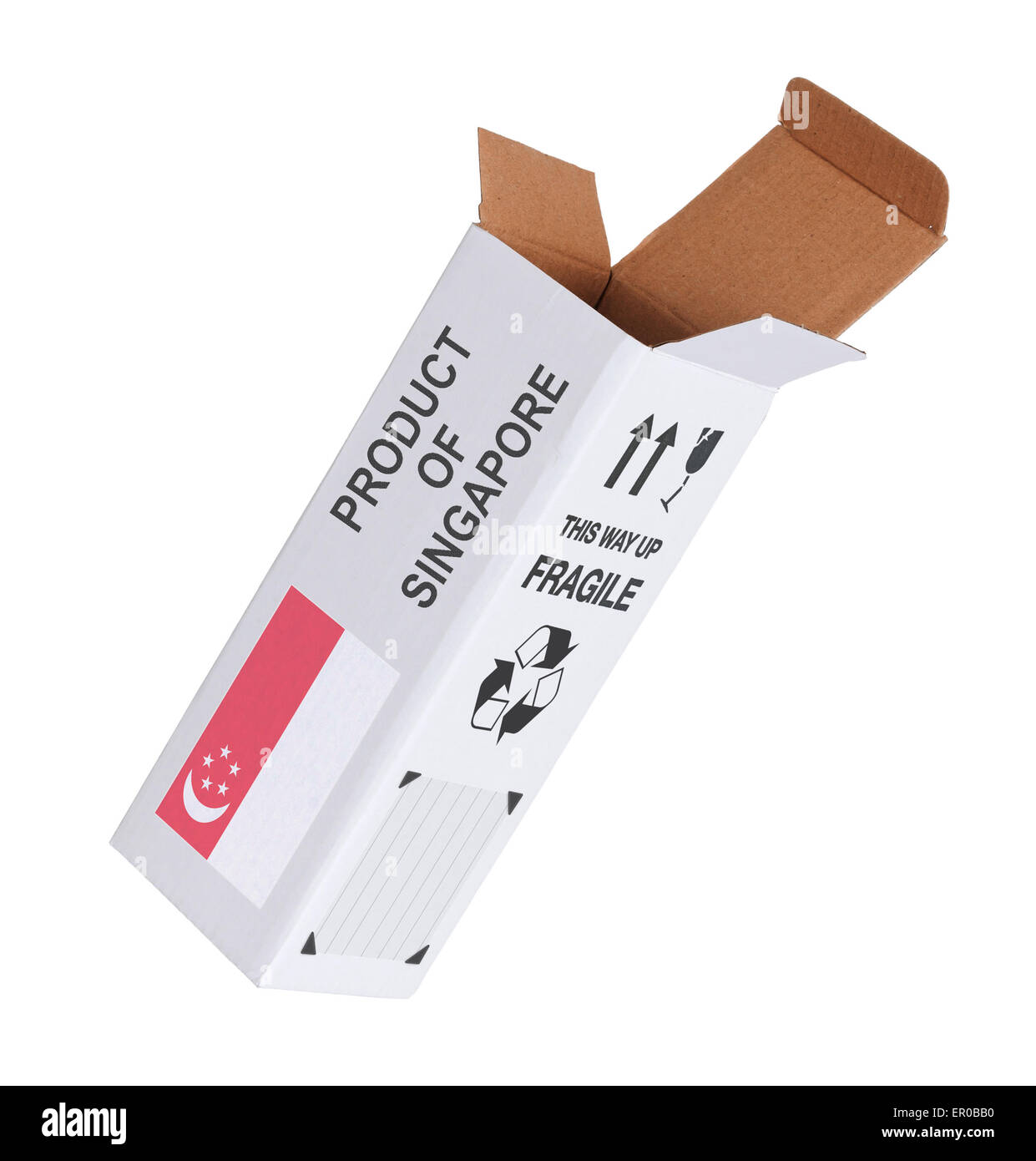 Concept of export, opened paper box - Product of Singapore Stock Photo ...