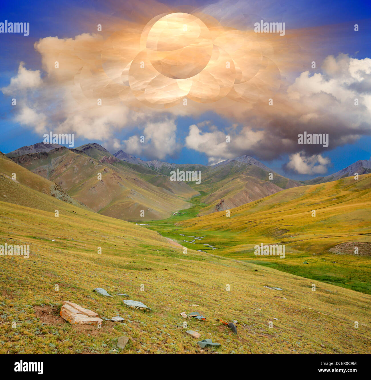 Fantastic sunrise over mountain valley sun star sky space Stock Photo ...