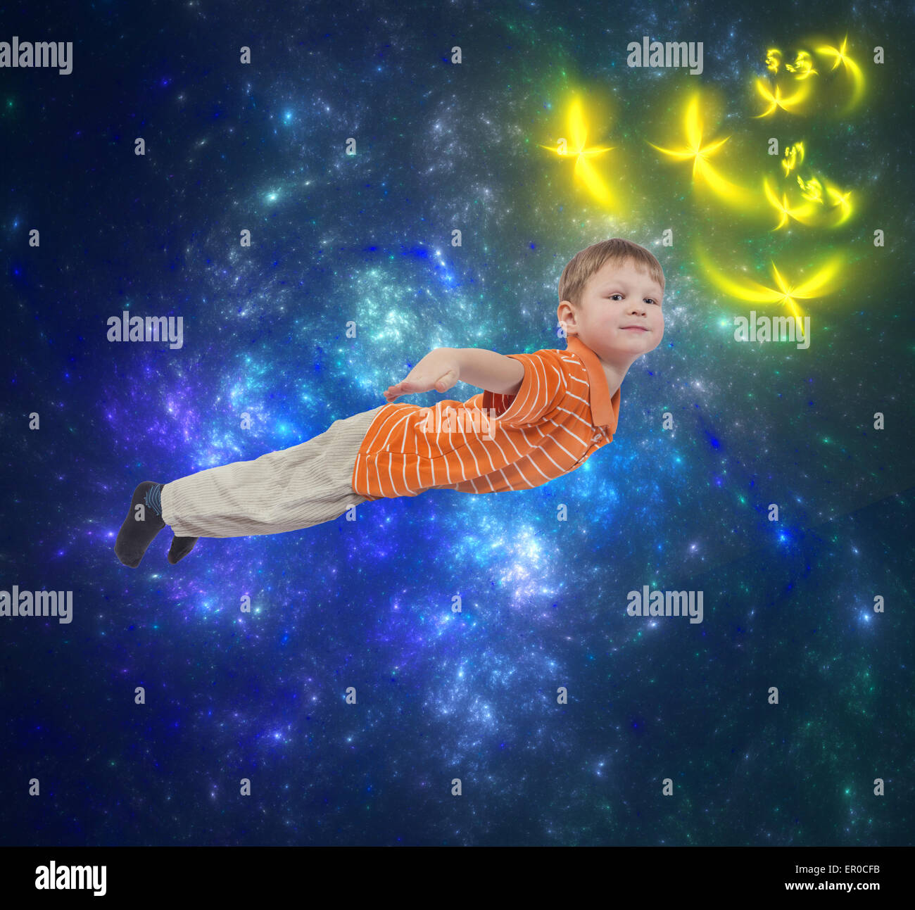 Young boy flying over abstract background fantasy bird Stock Photo - Alamy