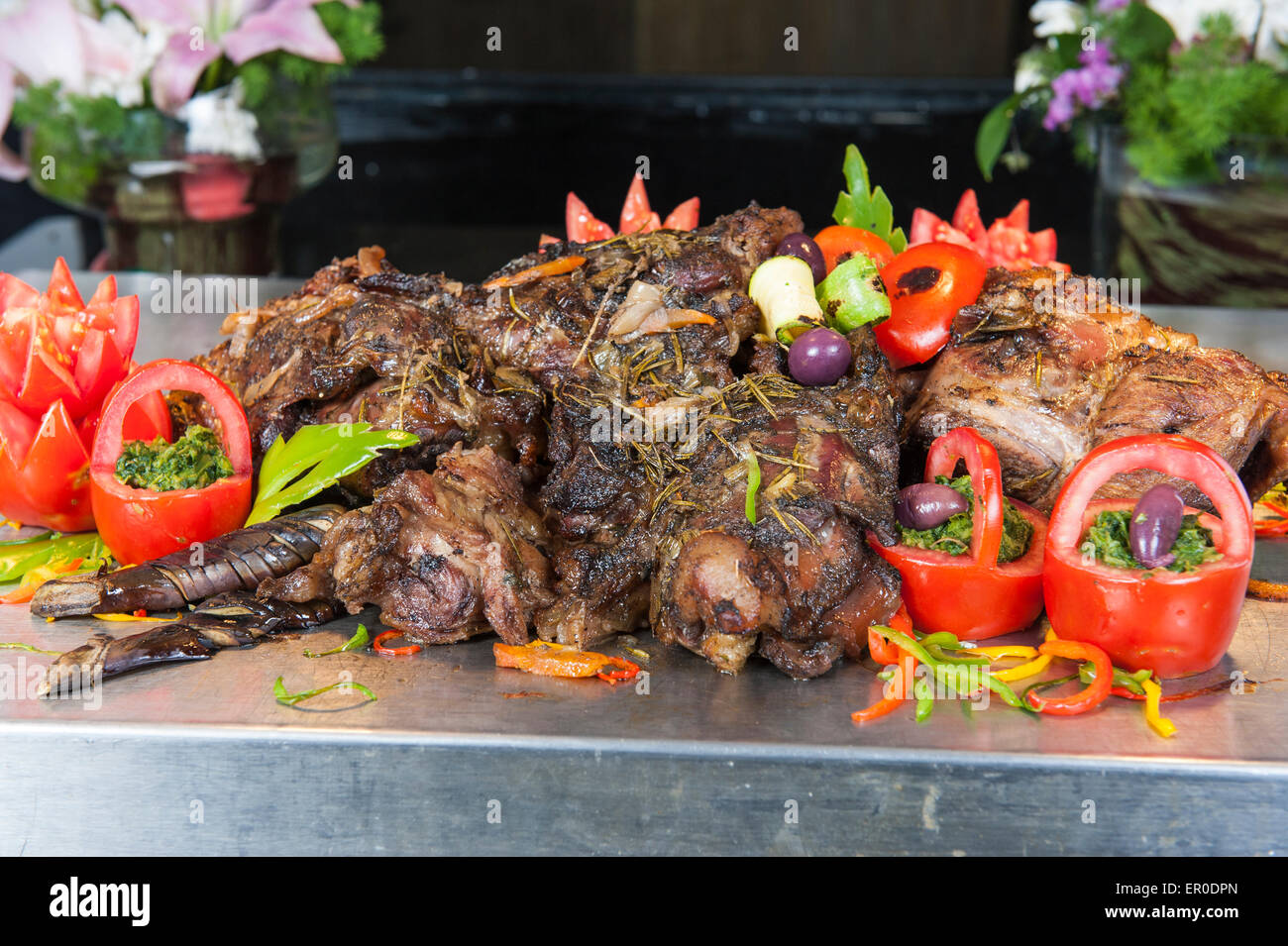 Closeup detail of roast beef on display at a hotel restaurant carvery ...