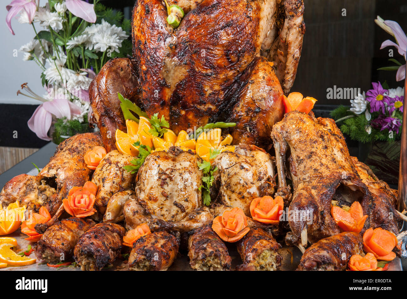 Closeup of roasted turkey and duck on display at a restaurant buffet ...
