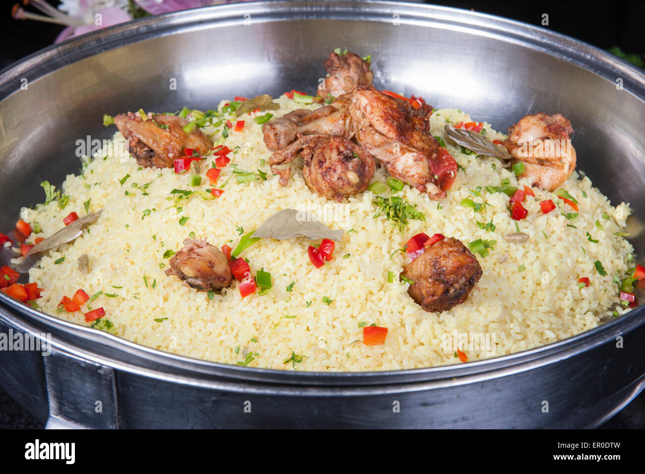 Oriental kabsa rice dish with chicken on display at a hotel restaurant ...