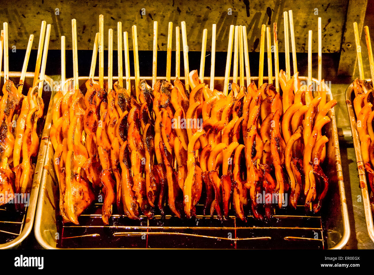 Looking down at line of grilled skewered squid, called Ikayaki, on rack ...