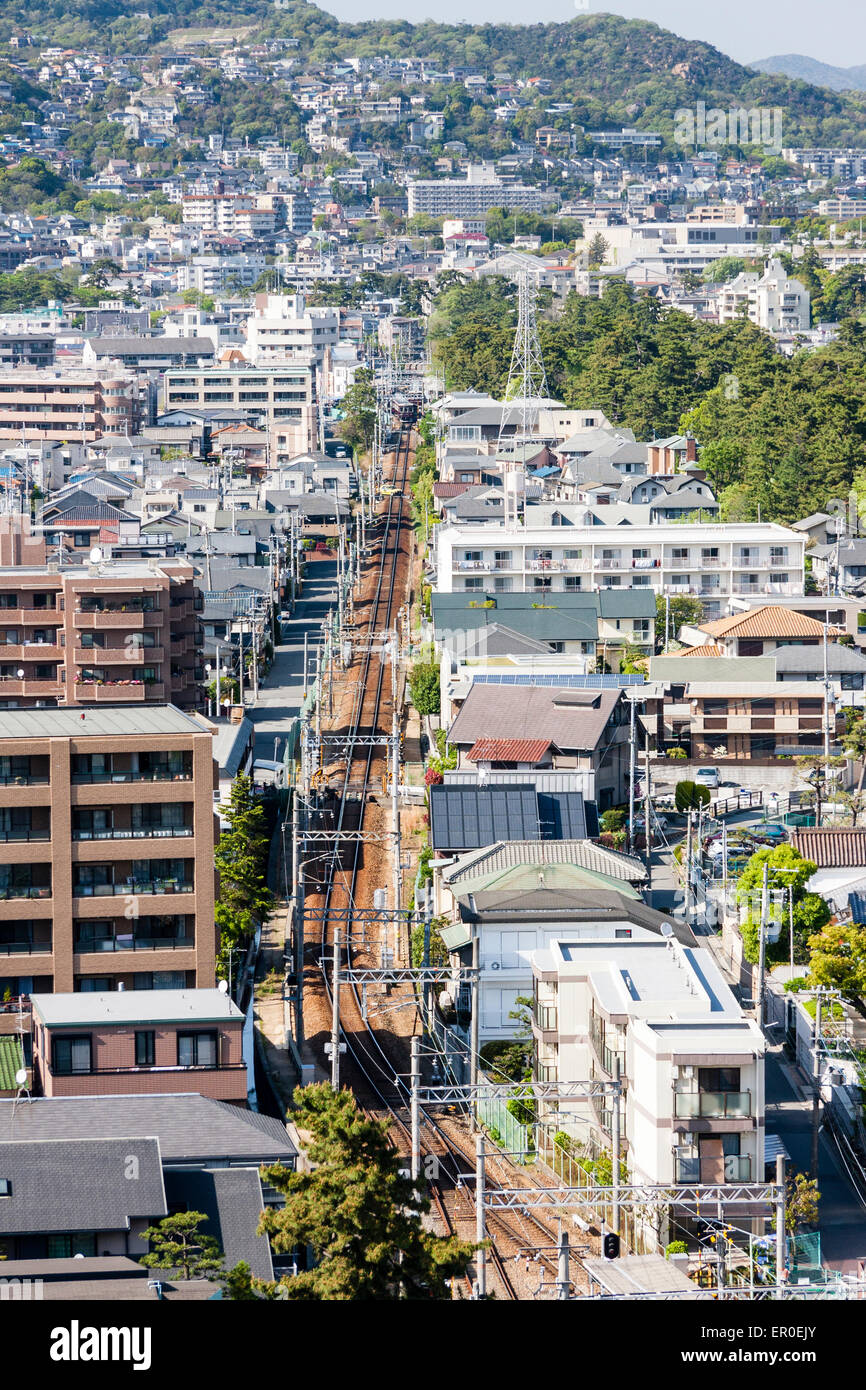 Aerial shot of the Hankyu railway line running from Shukugawa in ...
