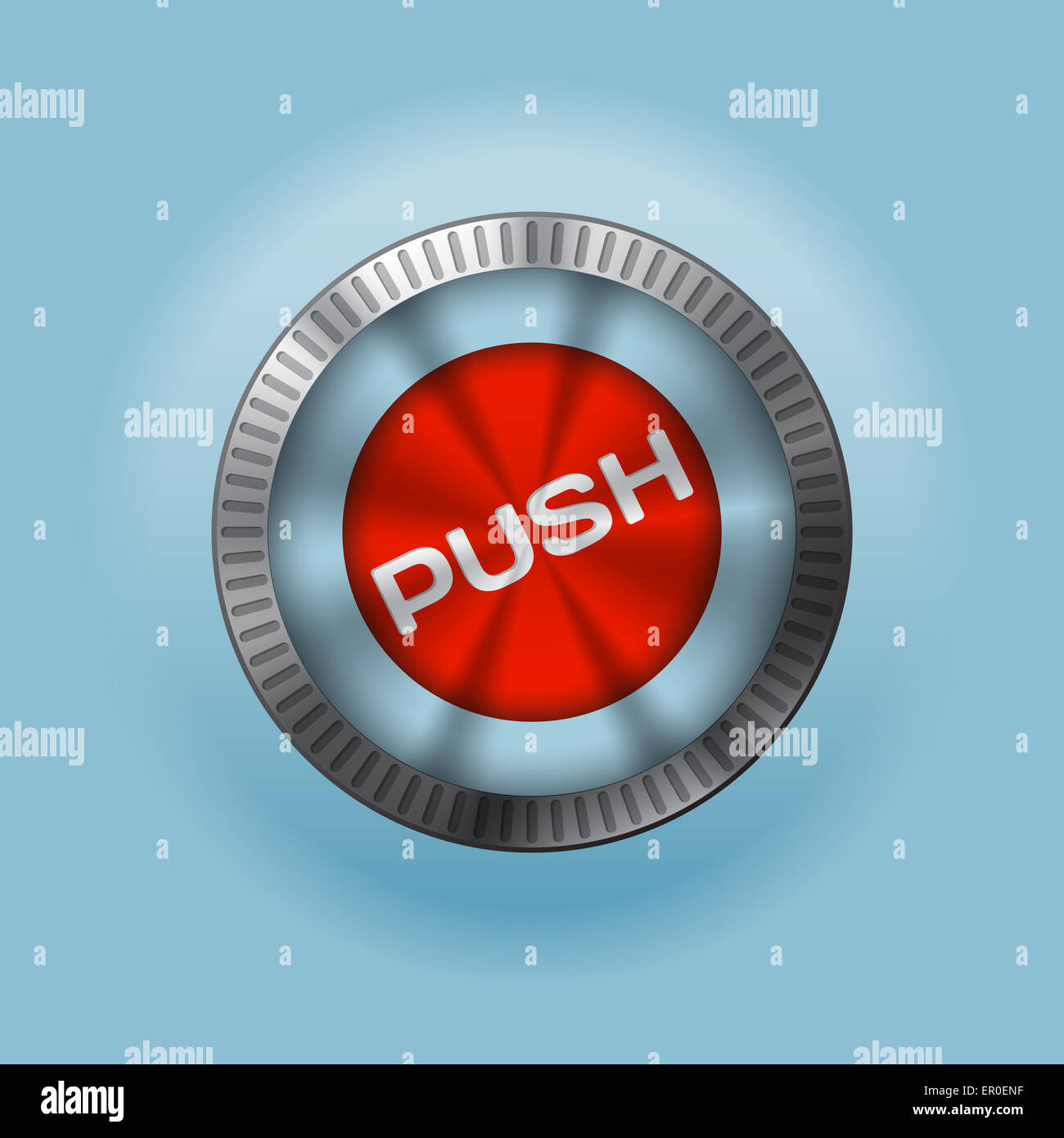 Shiny metallic button with red push text in center Stock Photo - Alamy