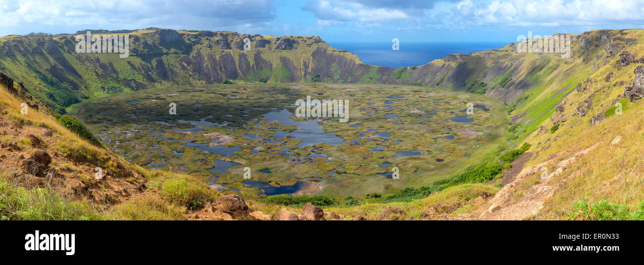Rano Kau volcano crater and wetland, Honga Roa, Rapa Nui National Park ...