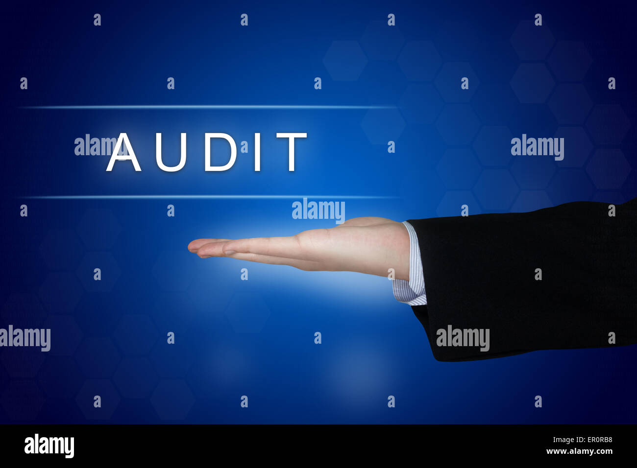 audit button with business hand on blue background Stock Photo - Alamy