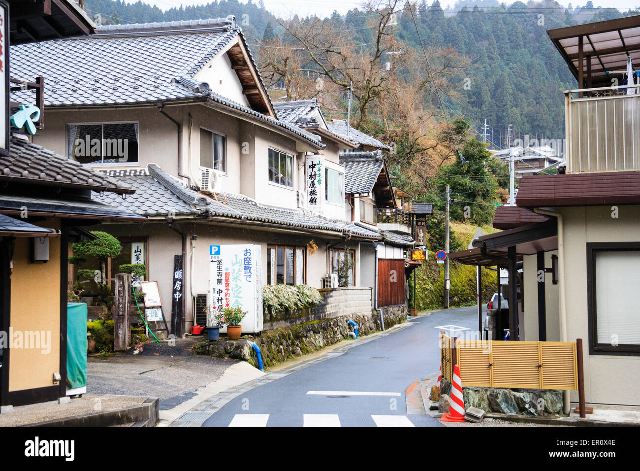 View along narrow street in the rural village of Murou, Oda, Japan ...