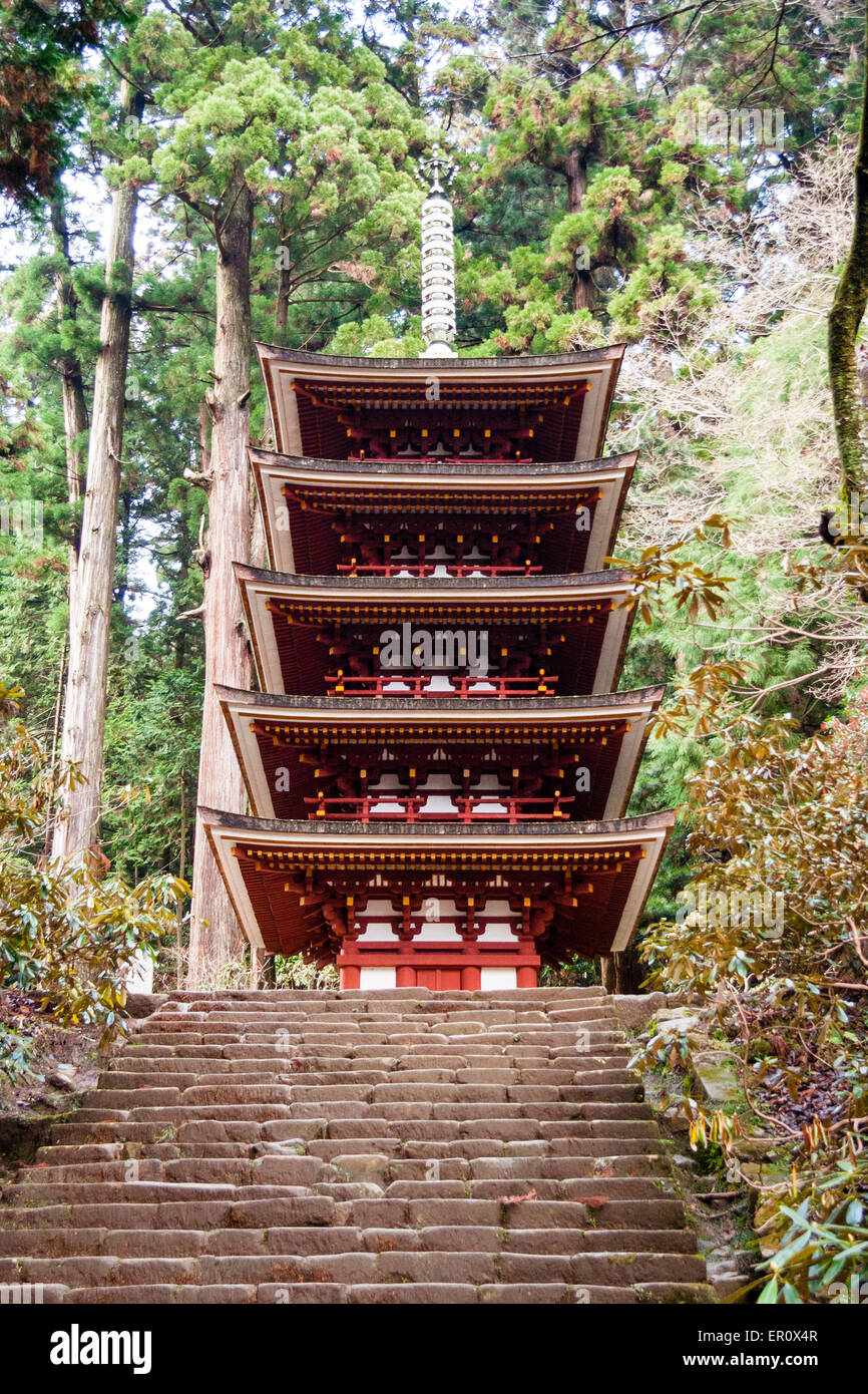 Stone steps leading to the vermilion five story pagoda at the ...