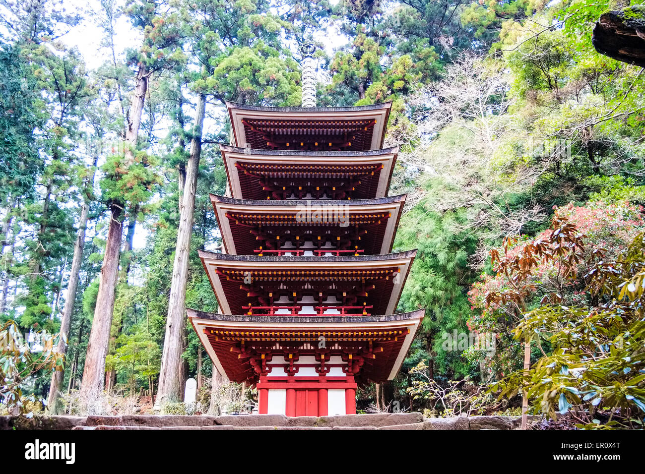 The old vermilion five story pagoda at the Nyoninkoya Murou-ji temple ...