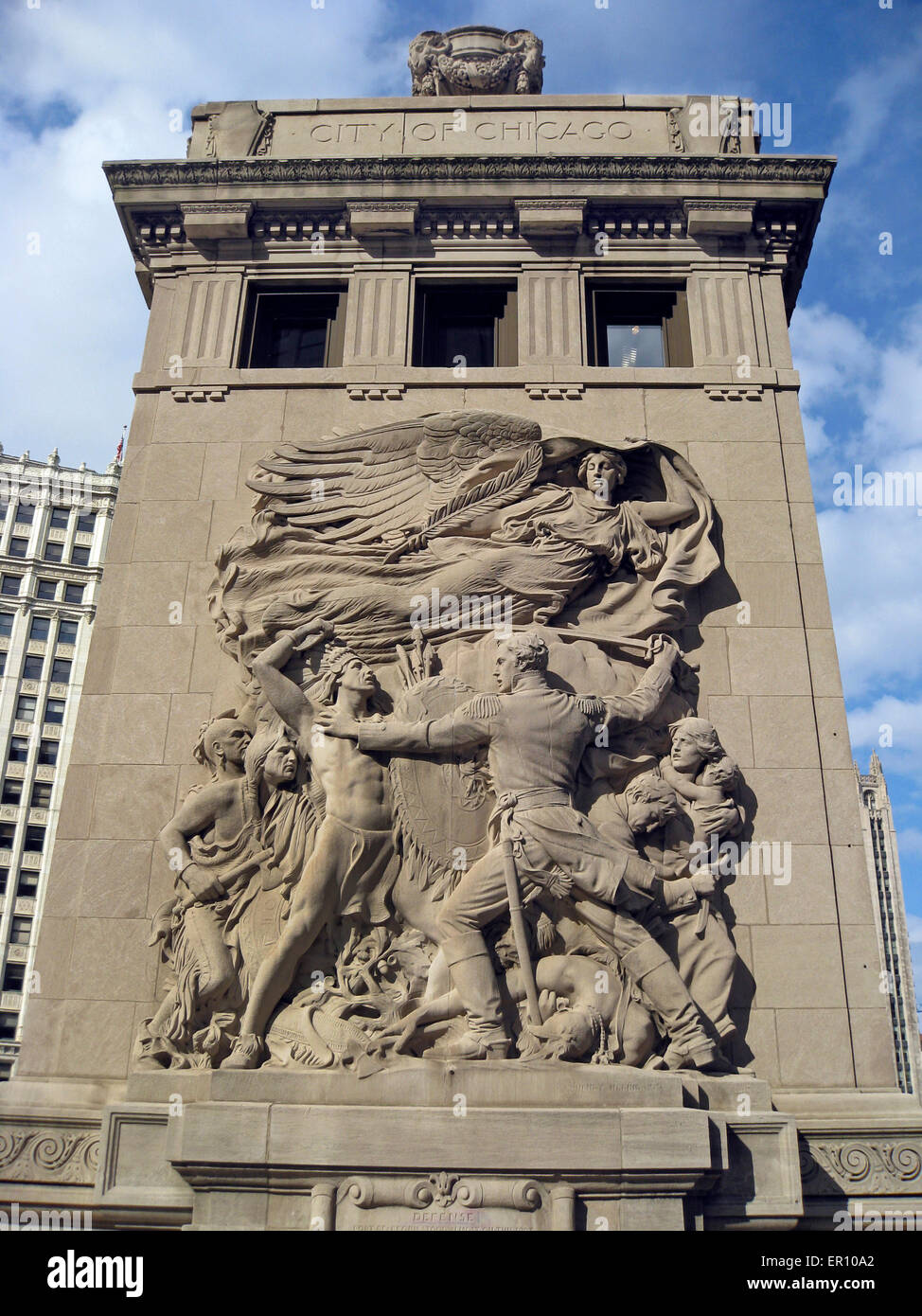 A 1928 sculpture called "Defense" is featured on a bridgehouse of the ...
