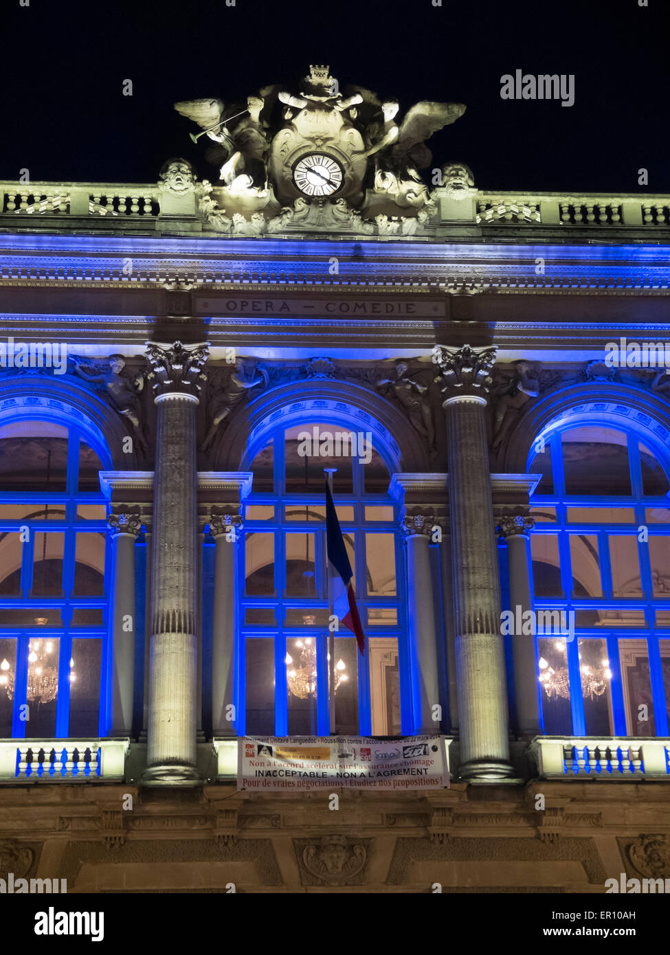 Night view of the ancient Opera Theater from Montpellier, France Stock ...