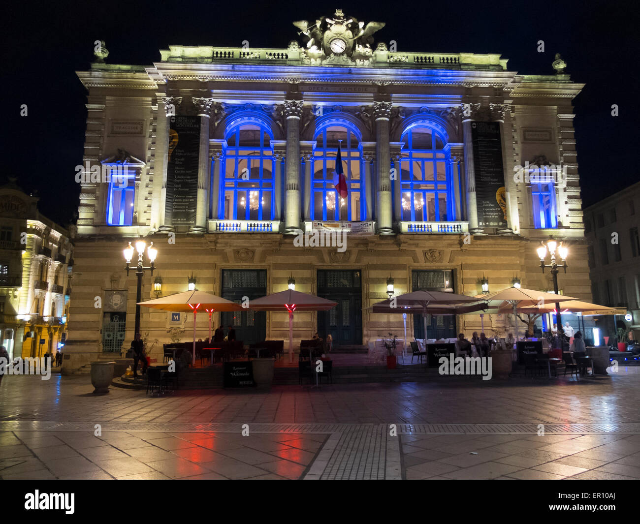 Night view of the ancient Opera Theater from Montpellier, France Stock ...