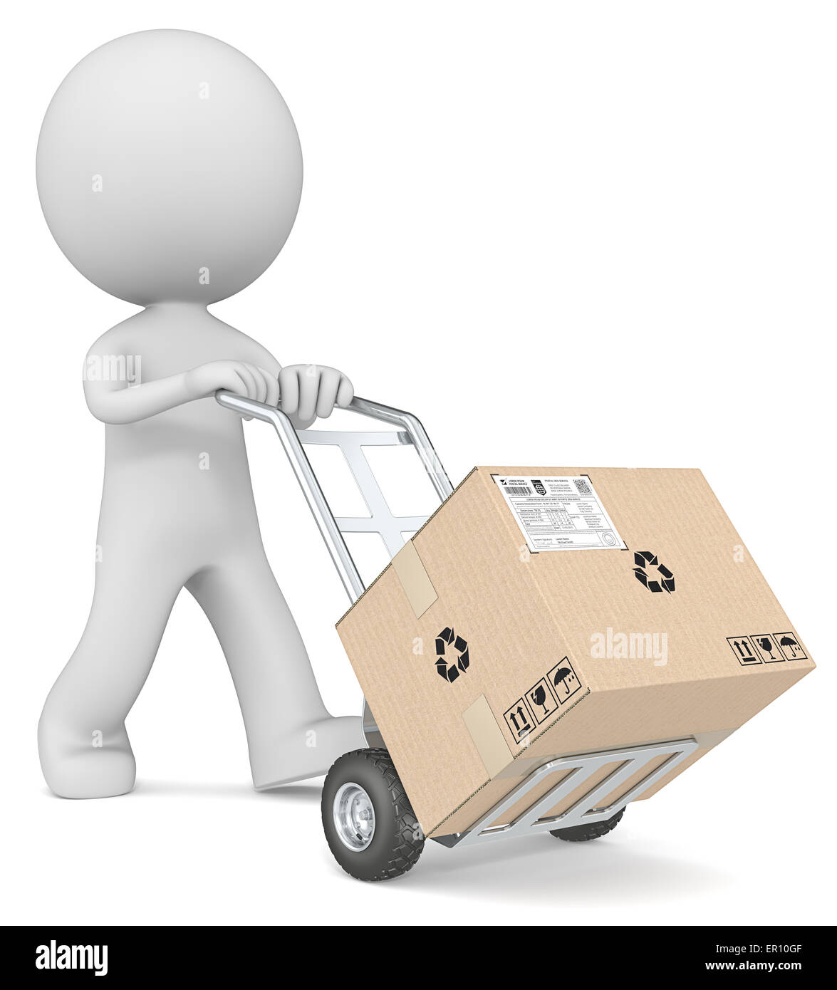 The dude 3D character pushing Hand Truck with large Cardboard Box ...