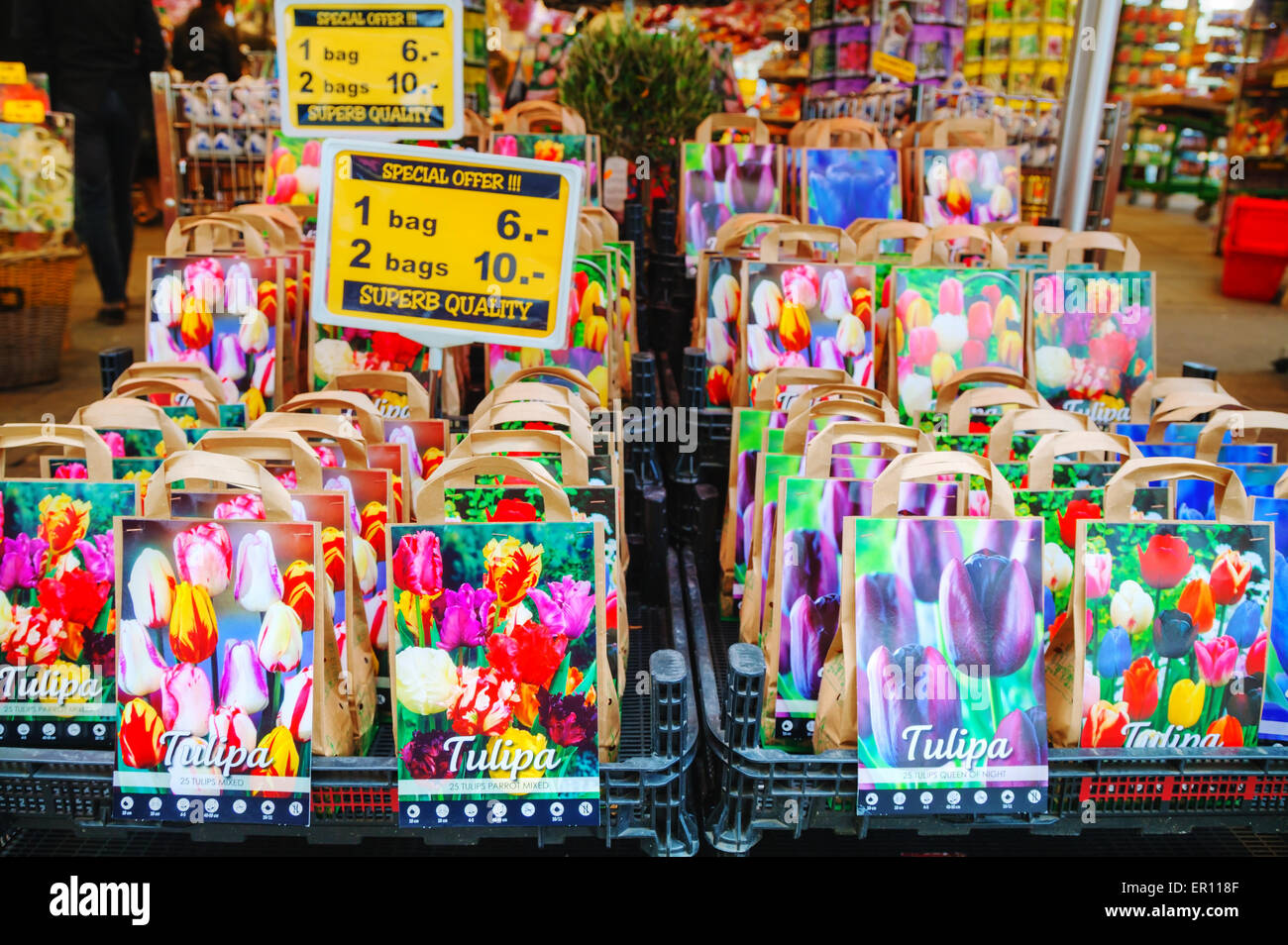 AMSTERDAM - APRIL 17: Boxes with bulbs at the Floating flower market on ...