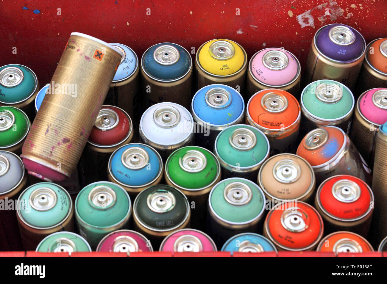 Tops of colourful spray cans at Abertillery Skate Park, where the ...