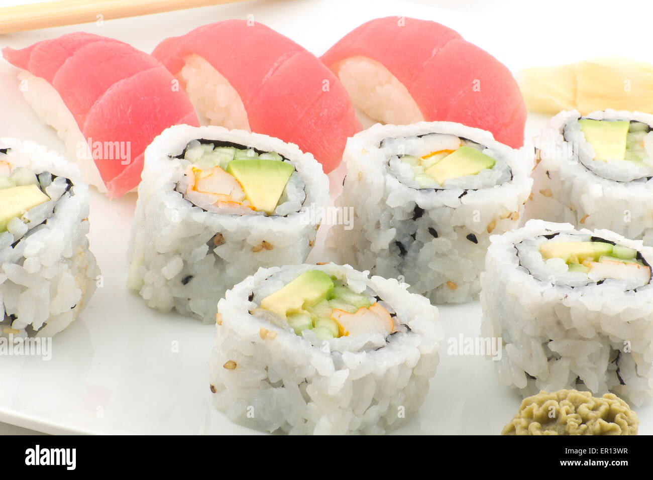 Authentic Japanese cuisine tuna sushi with california roll, wasabi, and ...