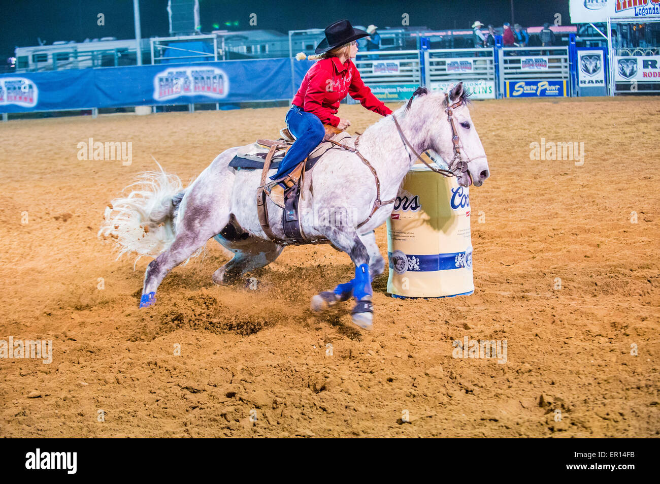 Cowgirl Participating in a Barrel racing competition in the Clark ...