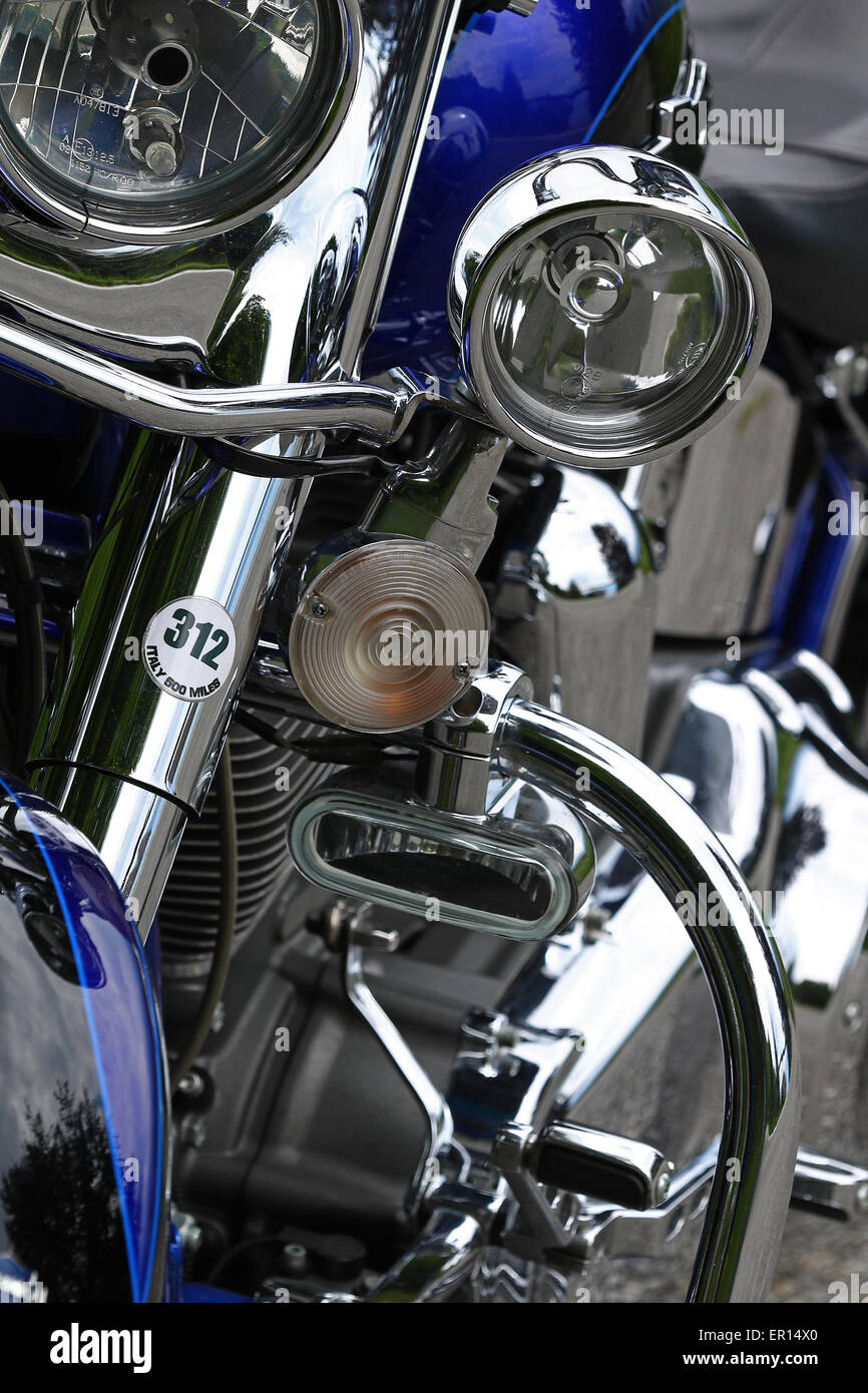 Blue custom motorcycle chrome details Stock Photo - Alamy