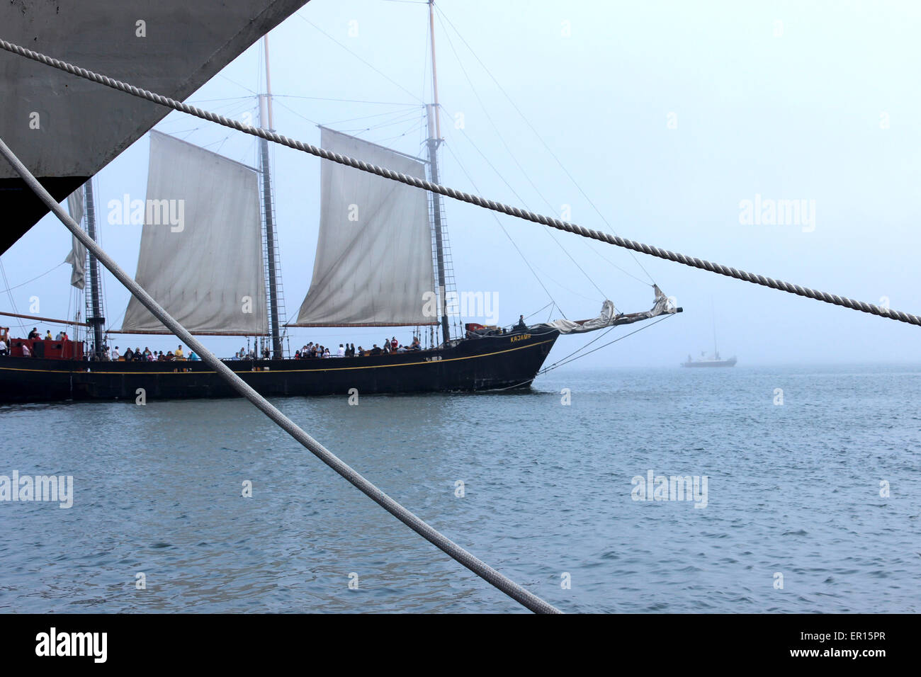 Views of three different ships on a cloudy spring morning on Lake ...