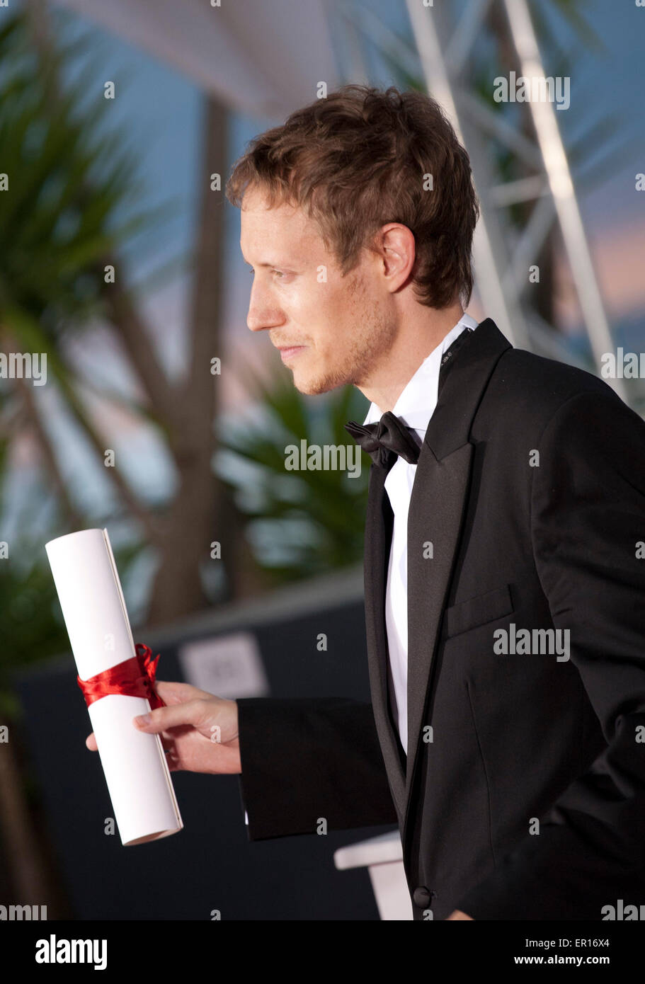 Cannes, France. 24th May, 2015. Laszlo Nemes with his Grand Prix award ...